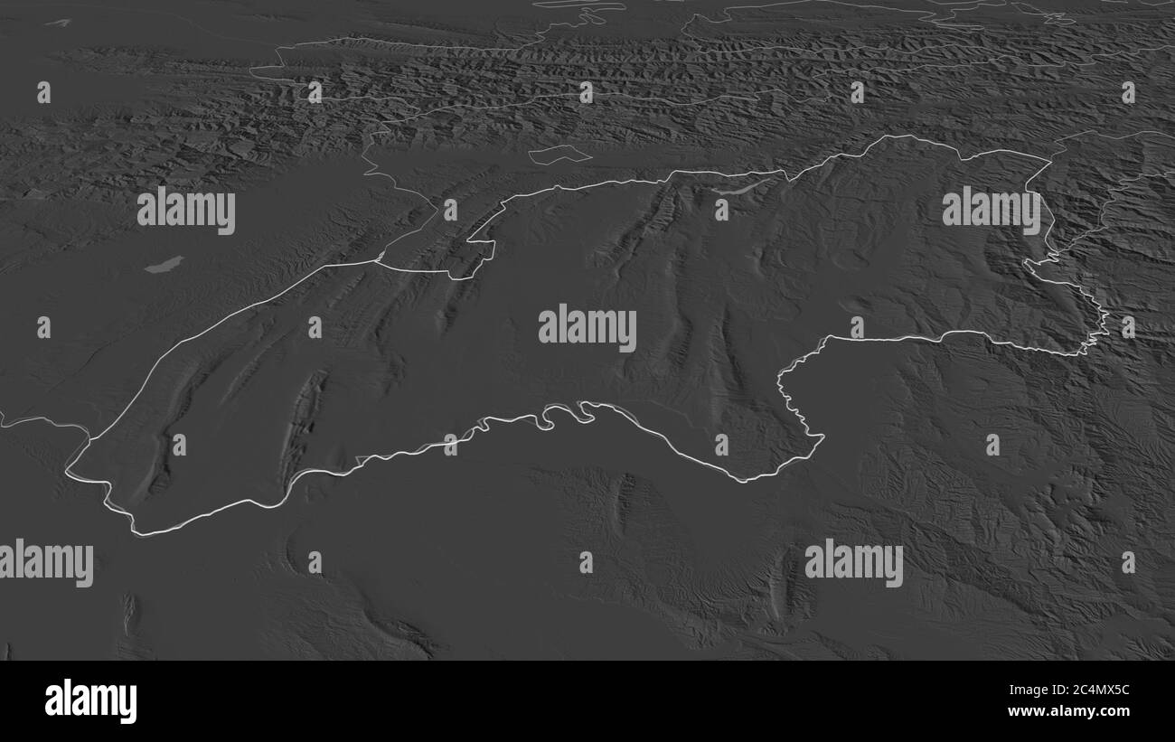 Zoom in on Khatlon (region of Tajikistan) outlined. Oblique perspective ...