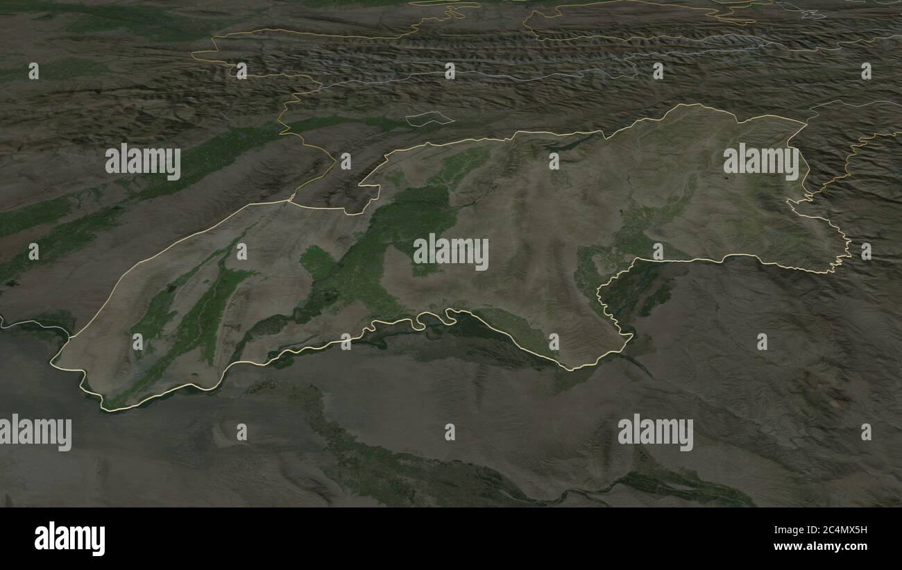 Zoom in on Khatlon (region of Tajikistan) outlined. Oblique perspective ...