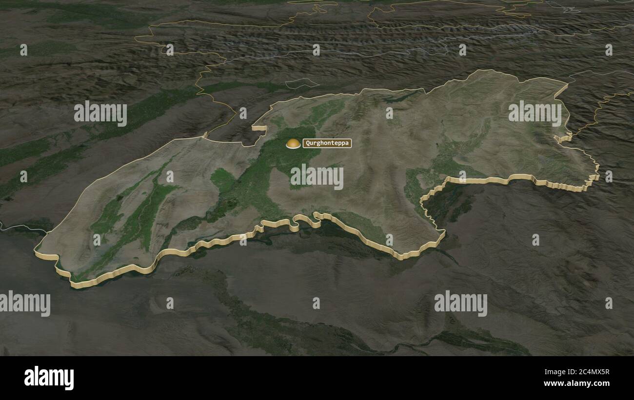 Zoom in on Khatlon (region of Tajikistan) extruded. Oblique perspective ...