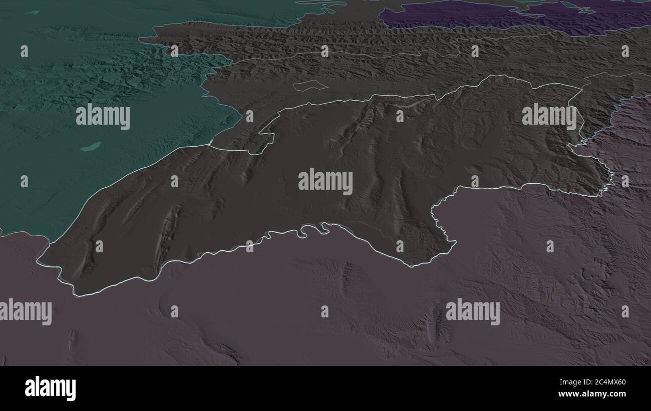 Zoom in on Khatlon (region of Tajikistan) outlined. Oblique perspective ...