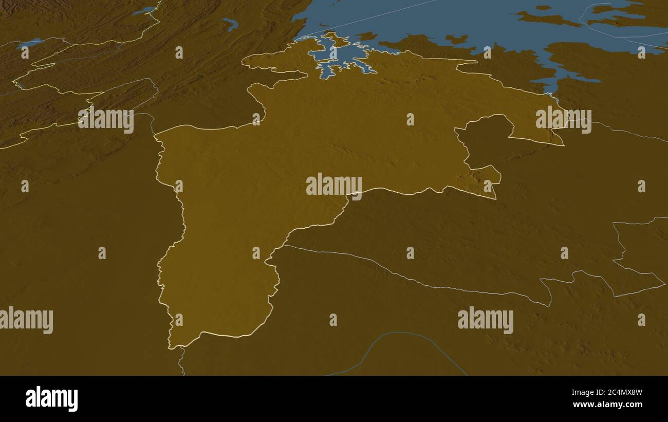 Zoom in on Geita (region of Tanzania) outlined. Oblique perspective ...