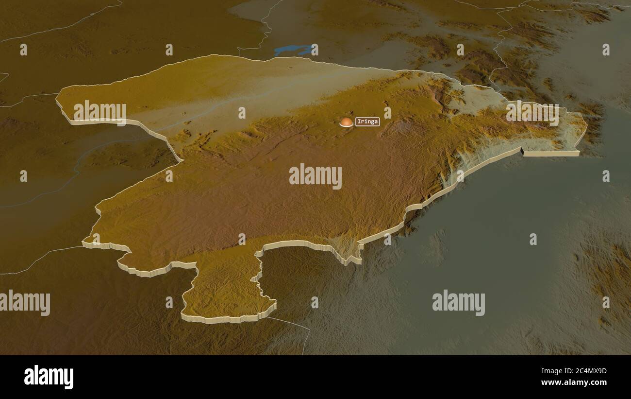 Zoom in on Iringa (region of Tanzania) extruded. Oblique perspective ...
