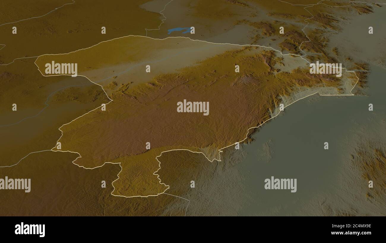 Zoom in on Iringa (region of Tanzania) outlined. Oblique perspective ...