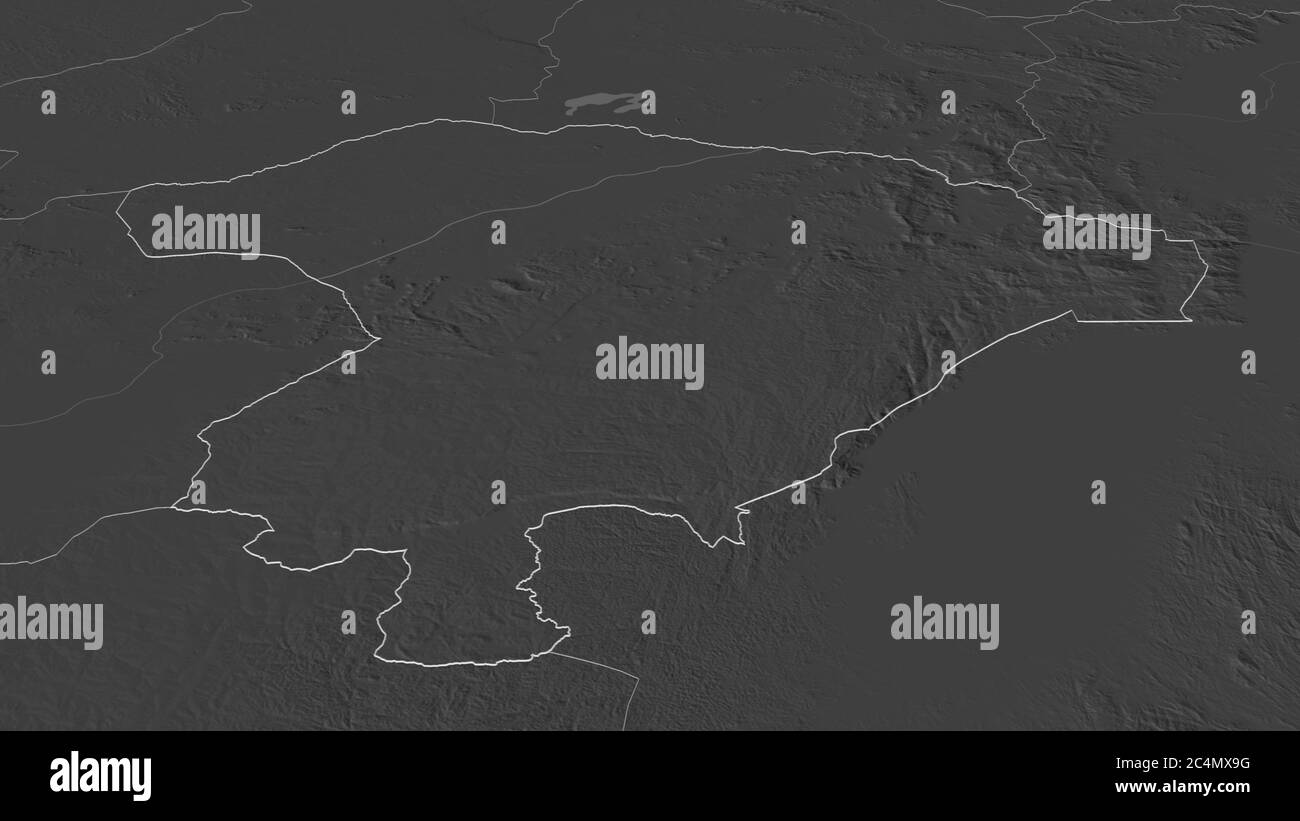 Zoom in on Iringa (region of Tanzania) outlined. Oblique perspective ...