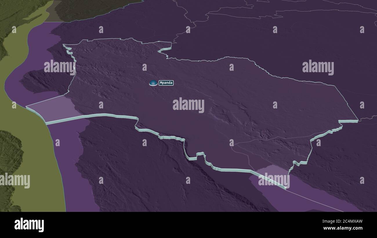 Zoom in on Katavi (region of Tanzania) extruded. Oblique perspective ...