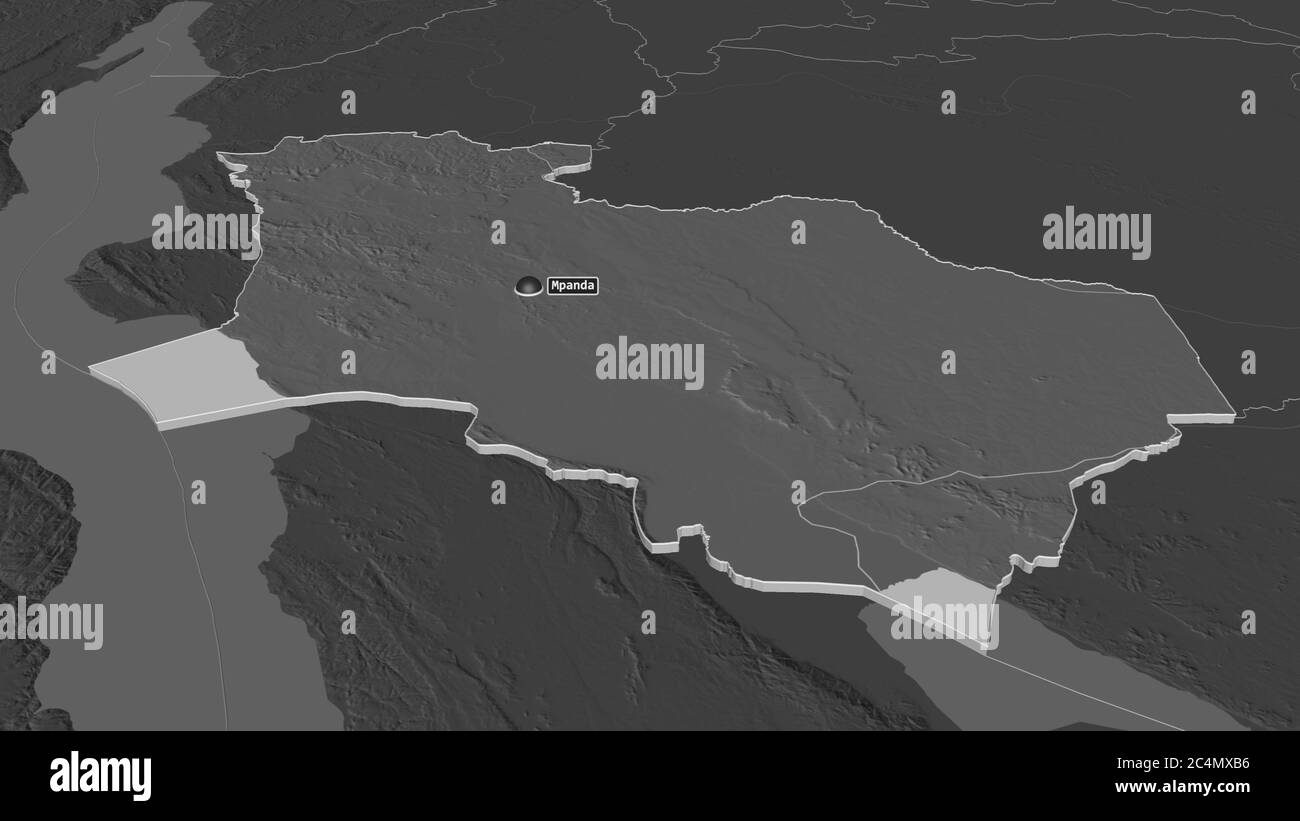 Zoom in on Katavi (region of Tanzania) extruded. Oblique perspective ...