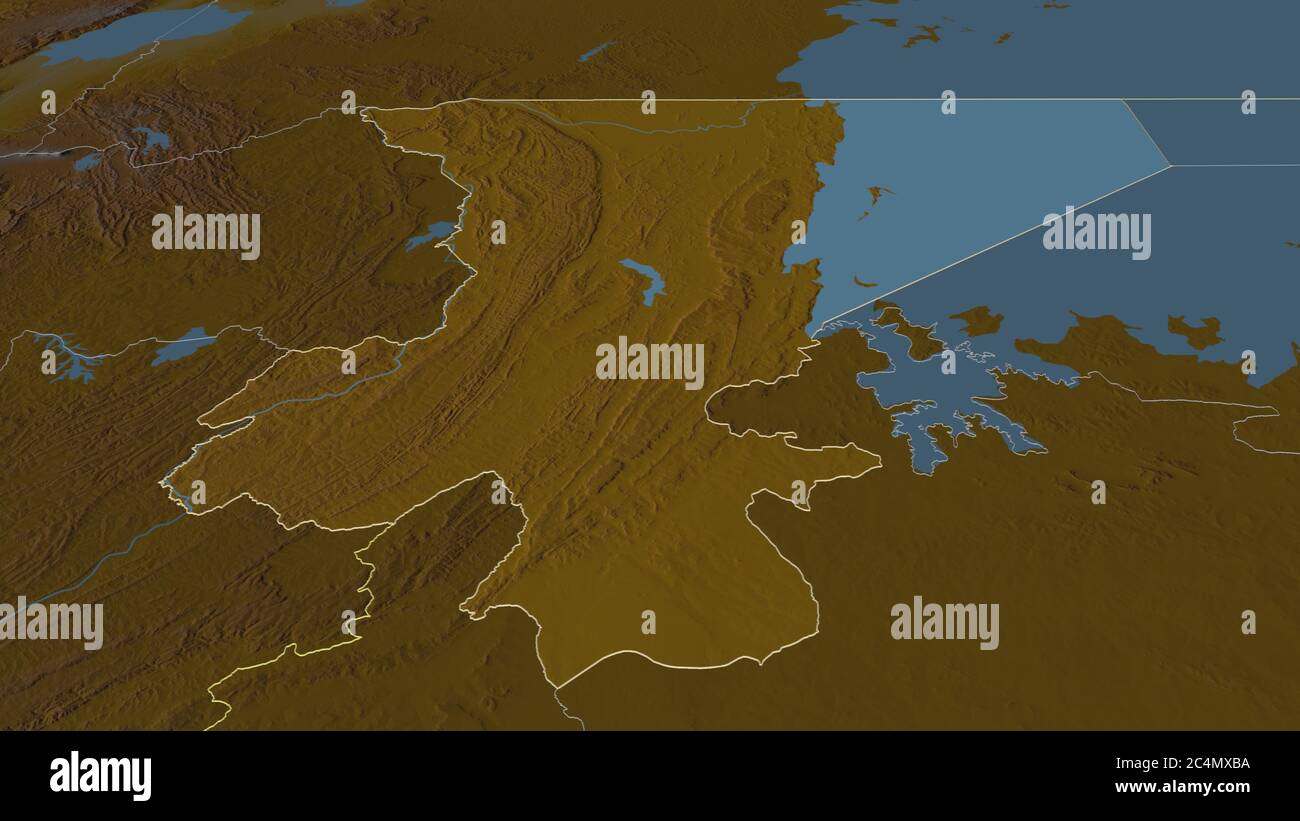 Zoom in on Kagera (region of Tanzania) outlined. Oblique perspective ...