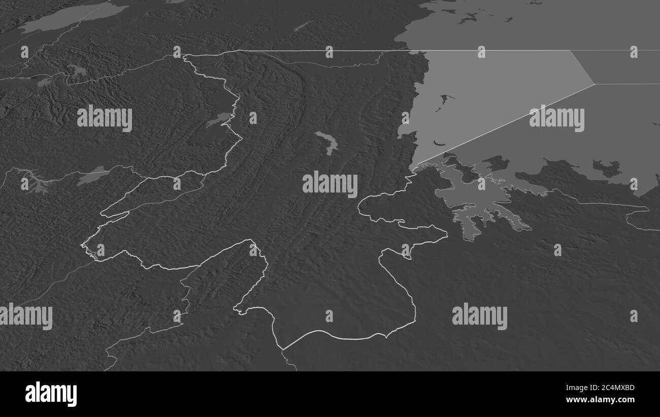 Zoom in on Kagera (region of Tanzania) outlined. Oblique perspective ...