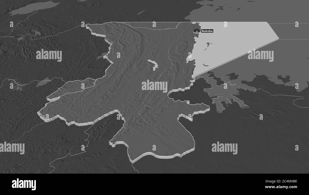 Zoom in on Kagera (region of Tanzania) extruded. Oblique perspective ...