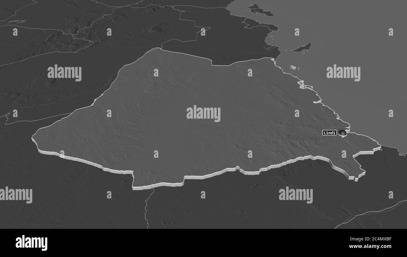 Zoom in on Lindi (region of Tanzania) extruded. Oblique perspective ...