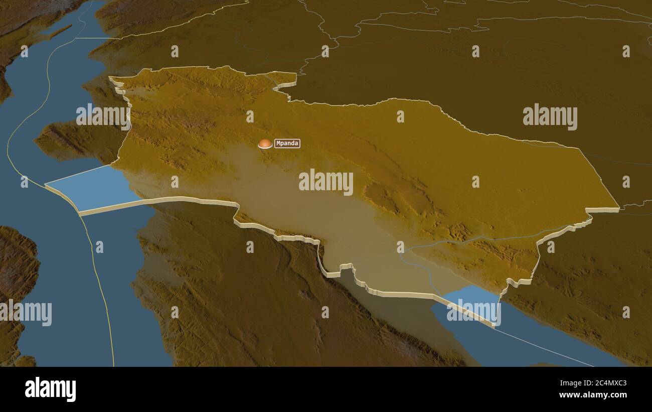 Zoom in on Katavi (region of Tanzania) extruded. Oblique perspective ...