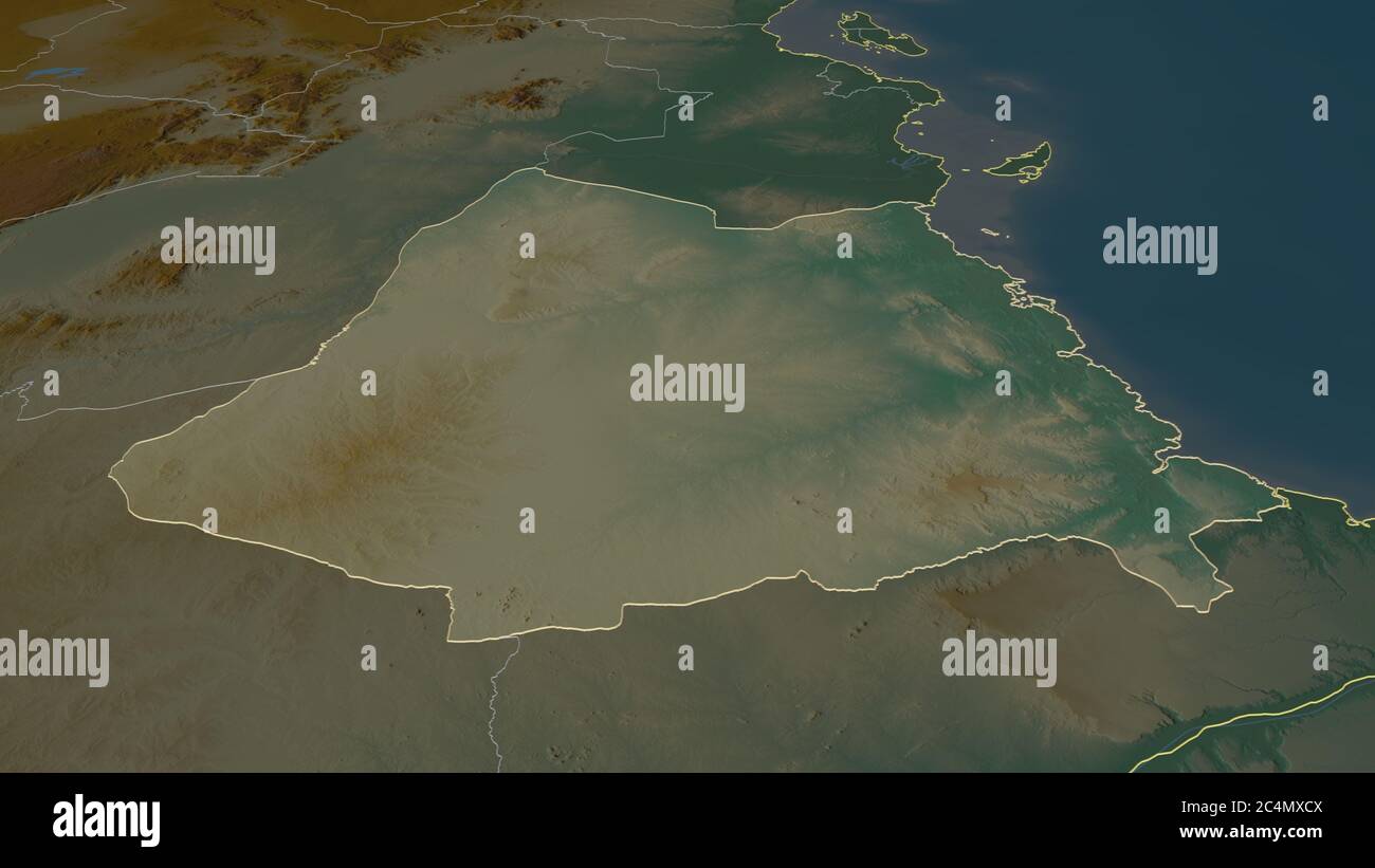 Zoom in on Lindi (region of Tanzania) outlined. Oblique perspective ...