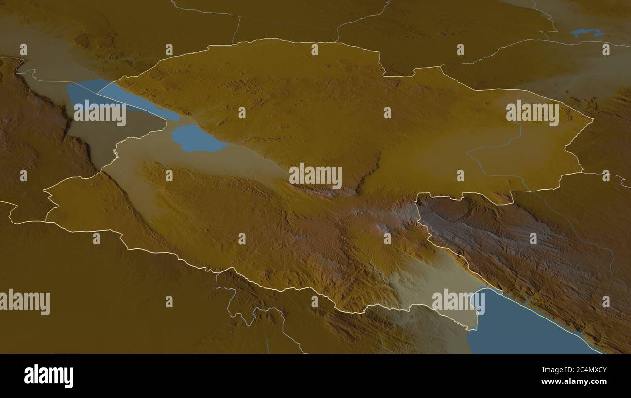 Zoom in on Mbeya (region of Tanzania) outlined. Oblique perspective ...