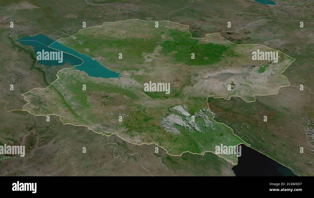 Zoom in on Mbeya (region of Tanzania) outlined. Oblique perspective ...