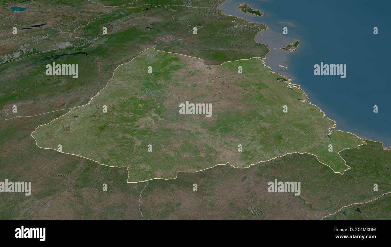 Zoom in on Lindi (region of Tanzania) outlined. Oblique perspective ...