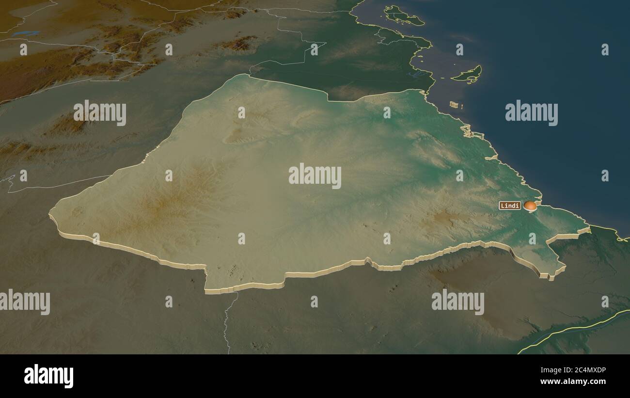 Zoom in on Lindi (region of Tanzania) extruded. Oblique perspective ...