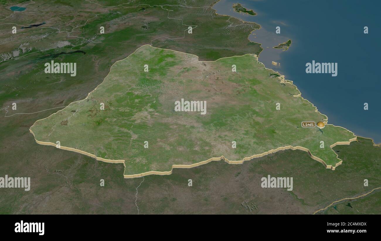 Zoom in on Lindi (region of Tanzania) extruded. Oblique perspective ...