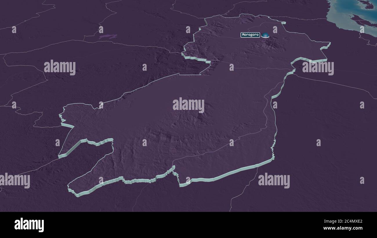 Zoom in on Morogoro (region of Tanzania) extruded. Oblique perspective ...
