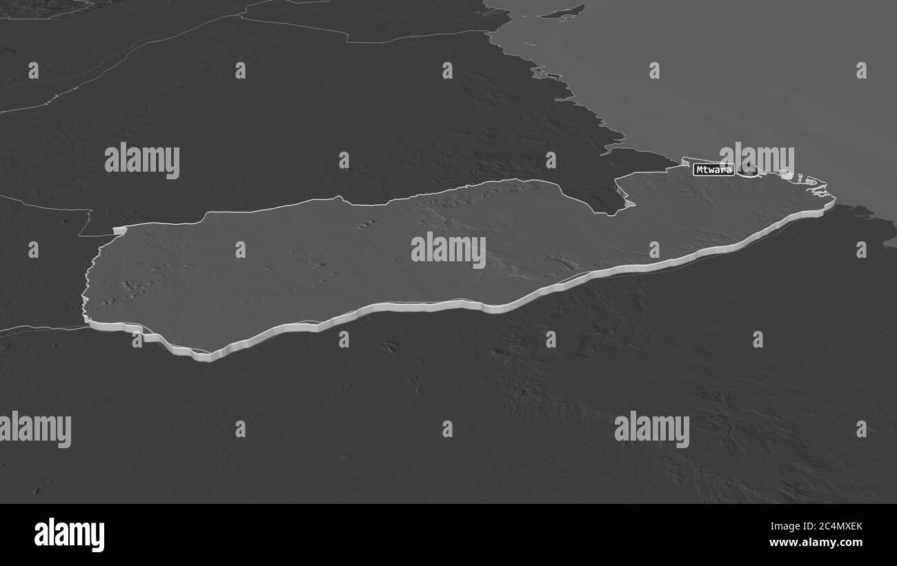 Zoom in on Mtwara (region of Tanzania) extruded. Oblique perspective ...