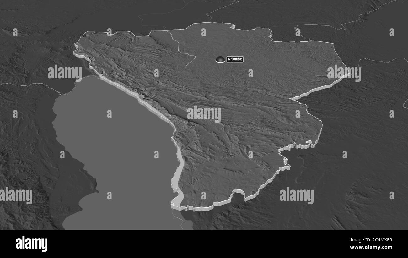 Zoom in on Njombe (region of Tanzania) extruded. Oblique perspective ...