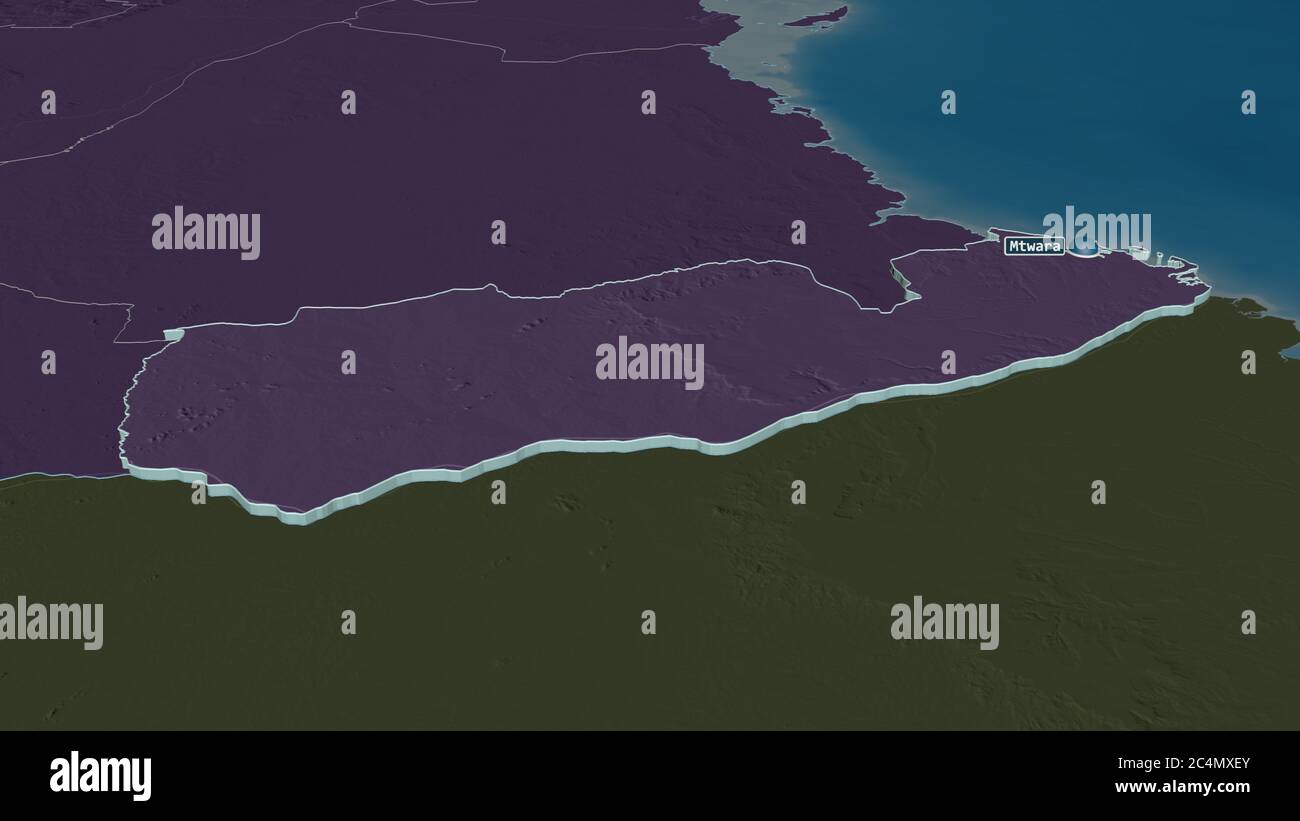 Zoom in on Mtwara (region of Tanzania) extruded. Oblique perspective ...