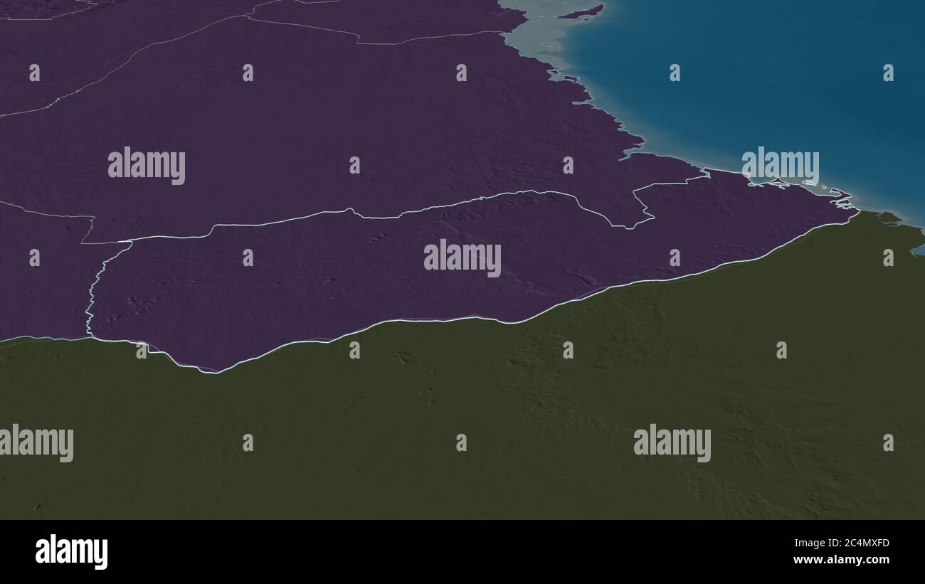 Zoom in on Mtwara (region of Tanzania) outlined. Oblique perspective ...