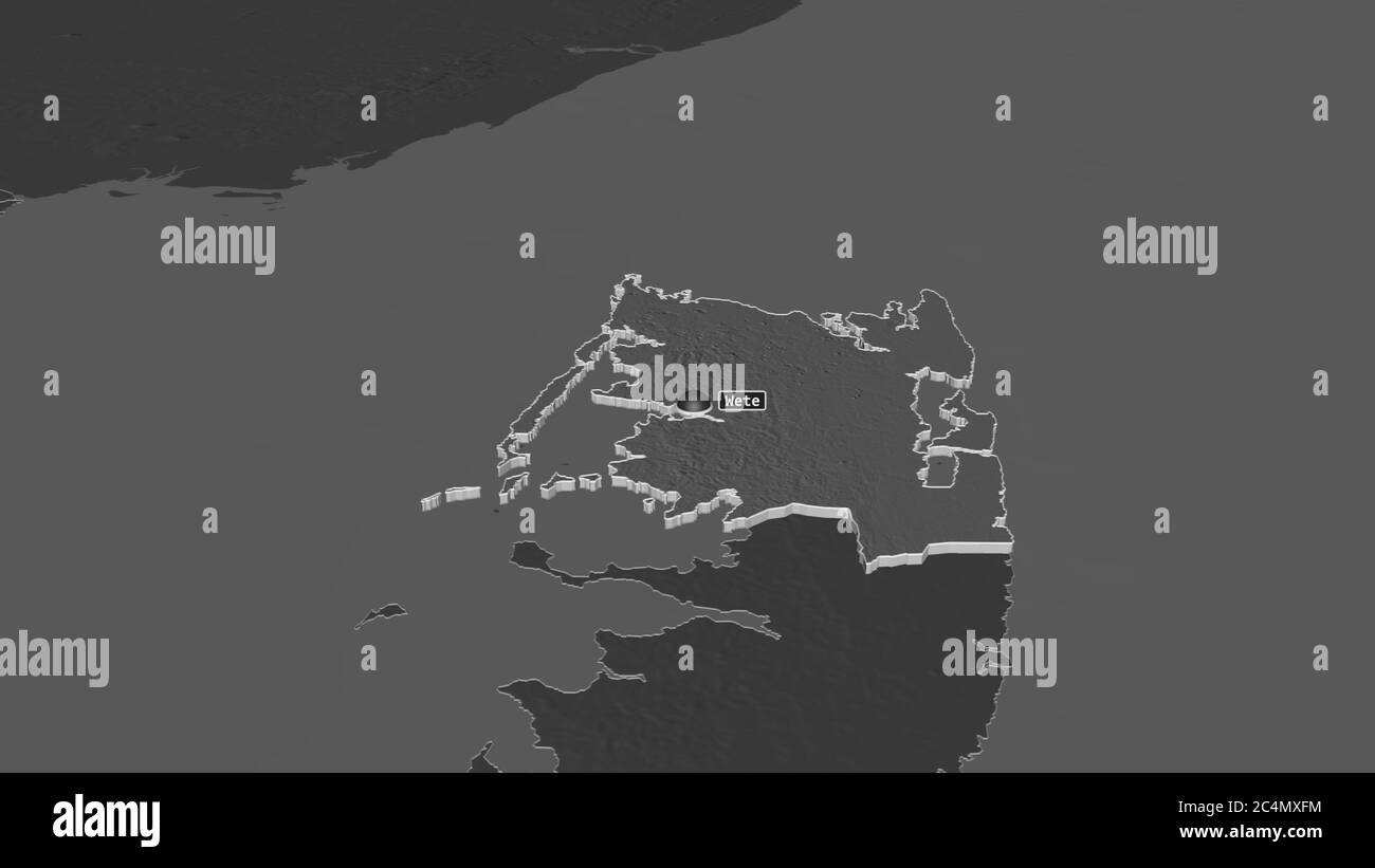 Zoom in on Pemba North (region of Tanzania) extruded. Oblique ...