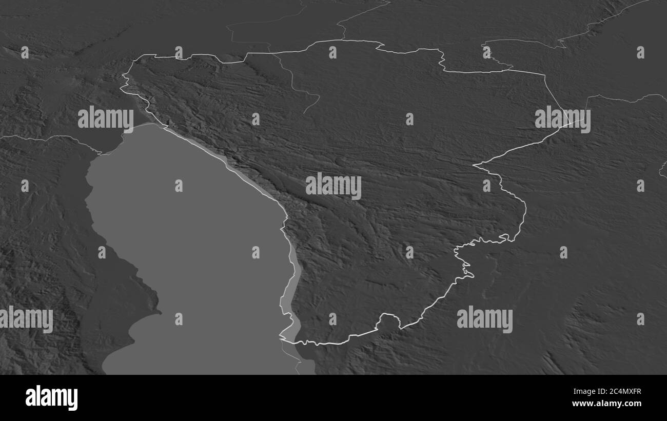 Zoom in on Njombe (region of Tanzania) outlined. Oblique perspective ...