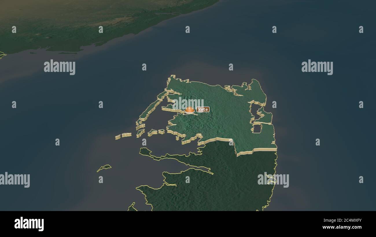 Zoom in on Pemba North (region of Tanzania) extruded. Oblique ...