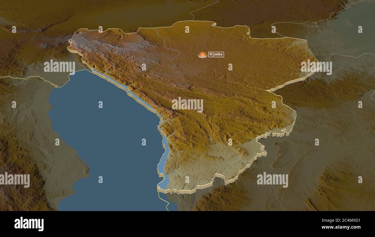 Zoom in on Njombe (region of Tanzania) extruded. Oblique perspective ...