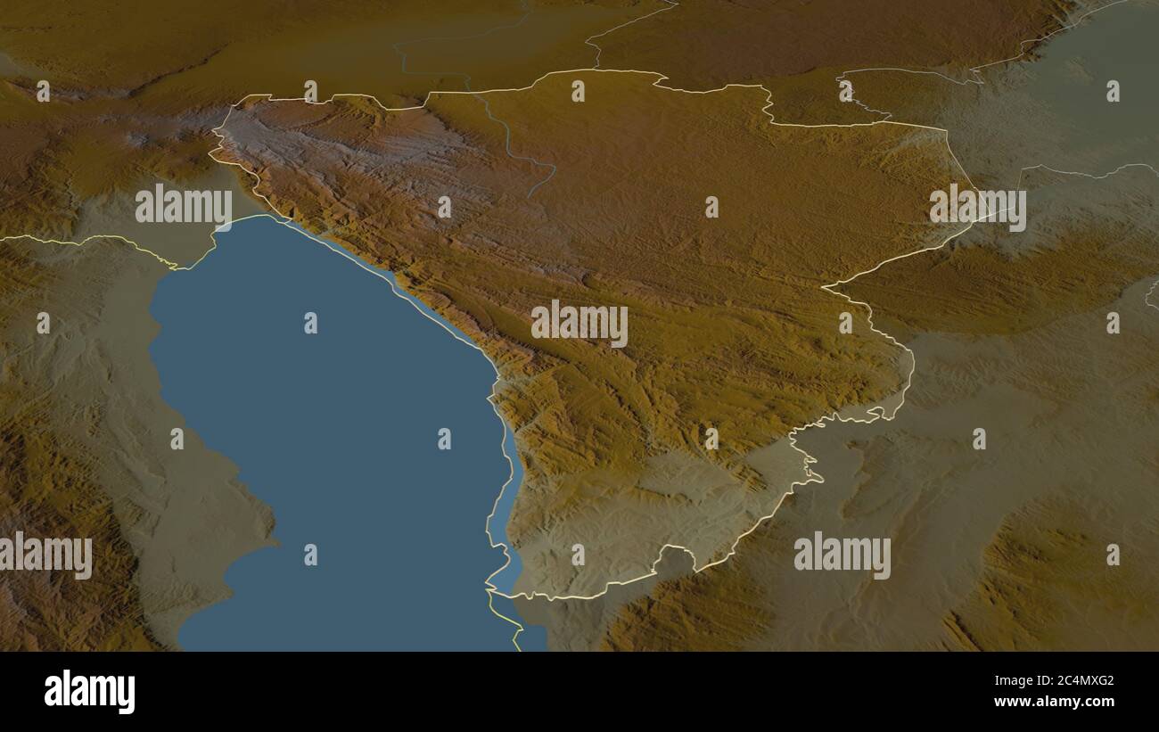 Zoom in on Njombe (region of Tanzania) outlined. Oblique perspective ...