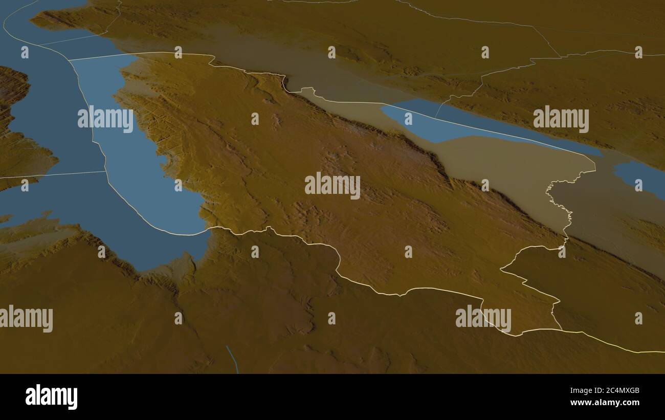 Zoom in on Rukwa (region of Tanzania) outlined. Oblique perspective ...