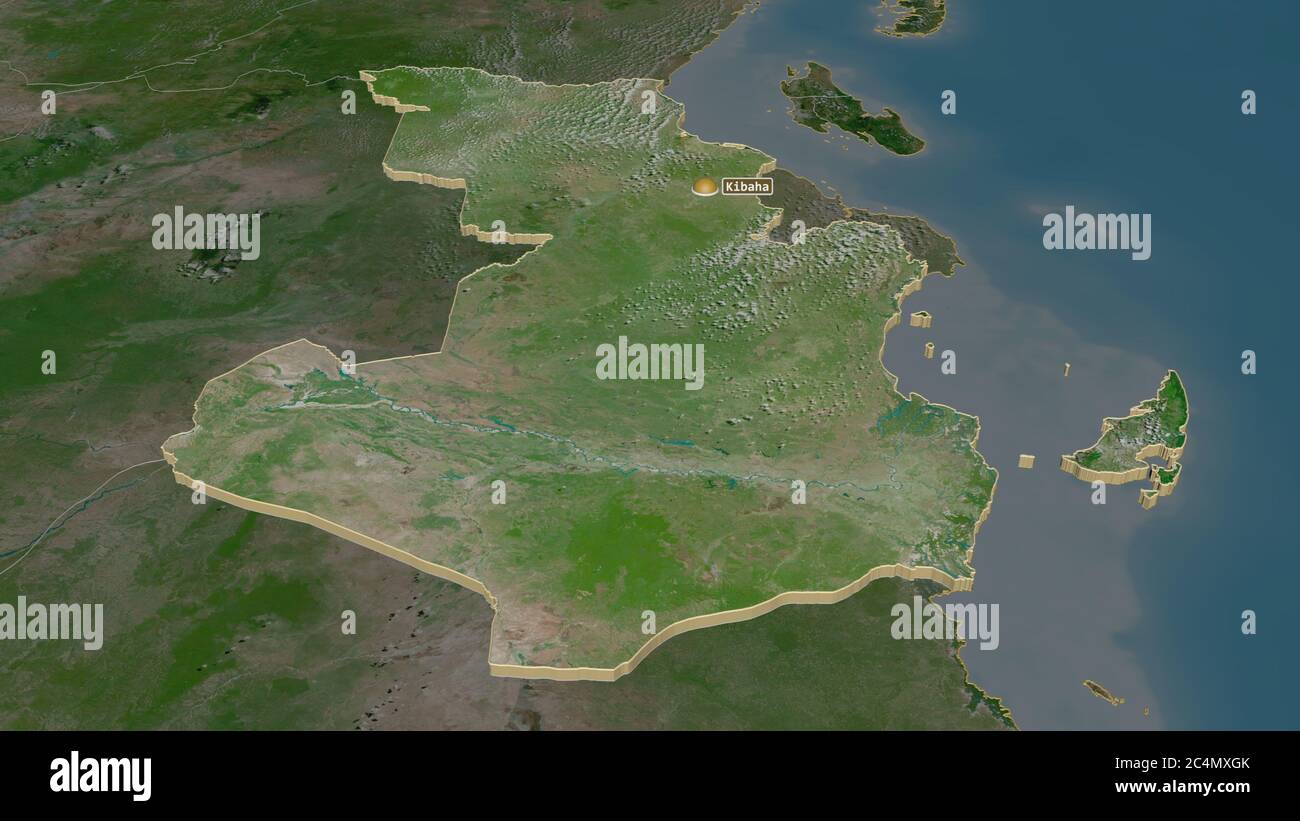 Zoom in on Pwani (region of Tanzania) extruded. Oblique perspective ...