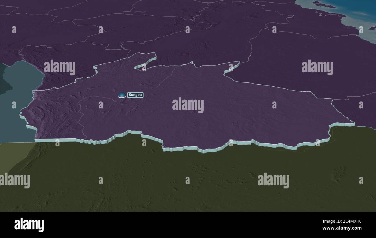Zoom in on Ruvuma (region of Tanzania) extruded. Oblique perspective ...