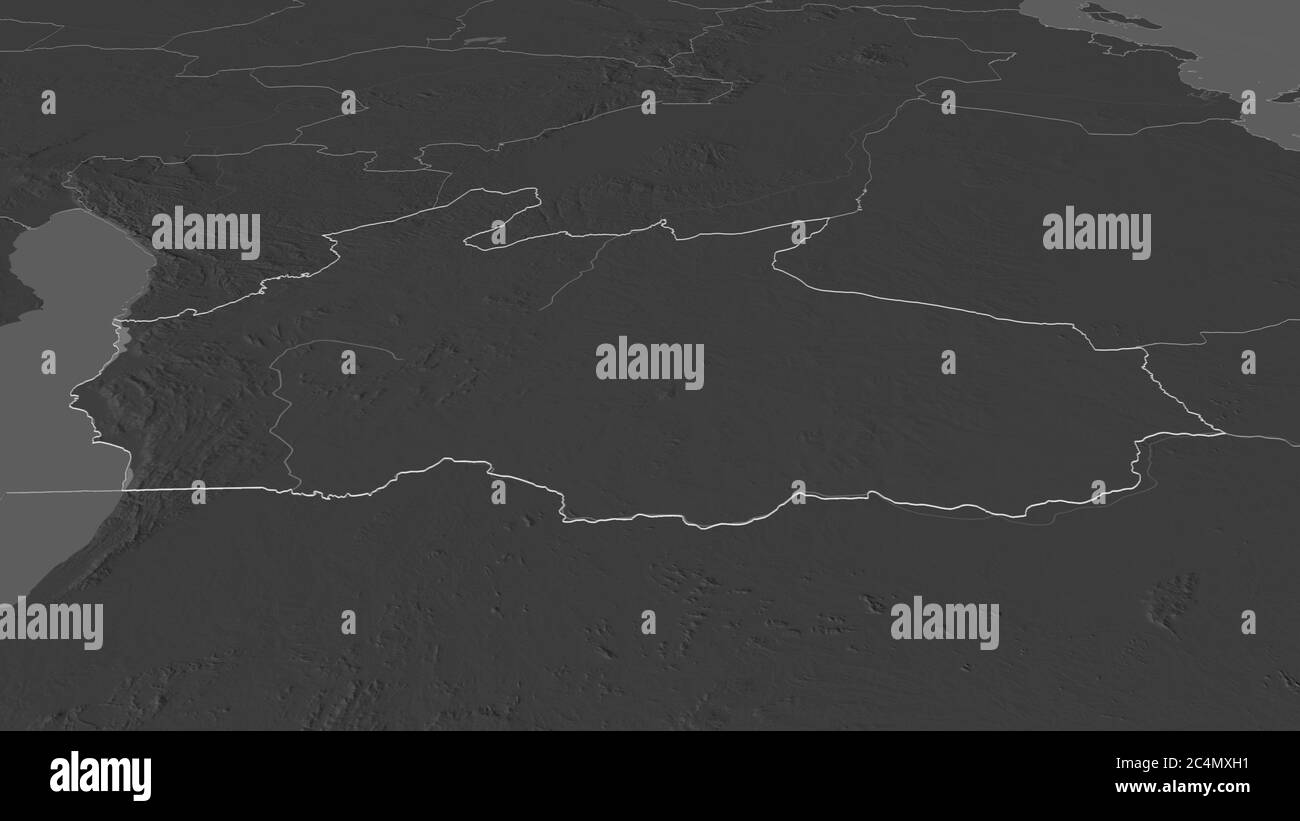 Zoom in on Ruvuma (region of Tanzania) outlined. Oblique perspective ...