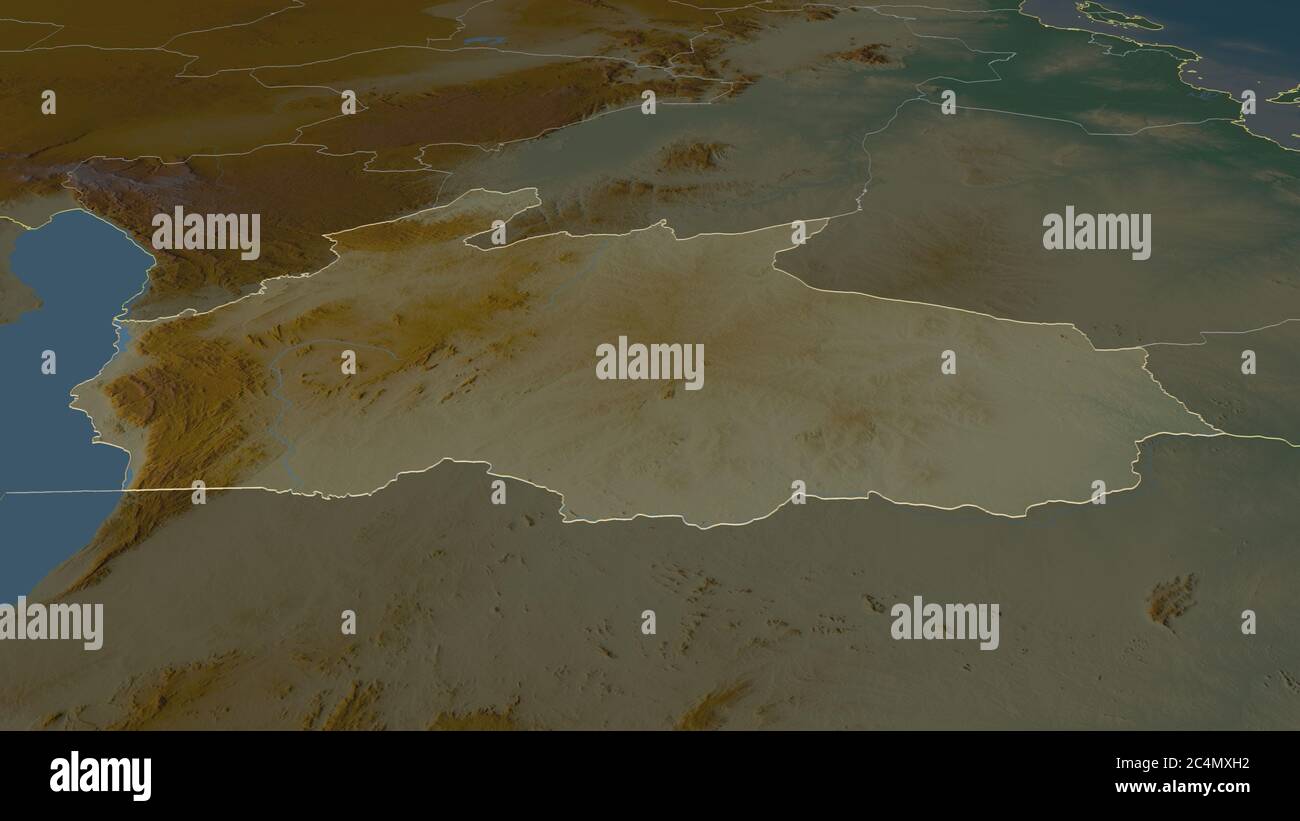 Zoom in on Ruvuma (region of Tanzania) outlined. Oblique perspective ...