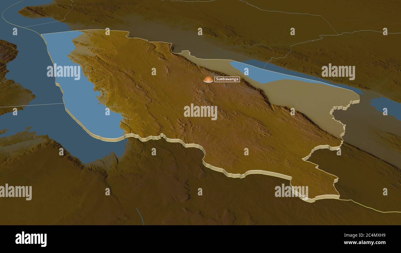 Zoom in on Rukwa (region of Tanzania) extruded. Oblique perspective ...