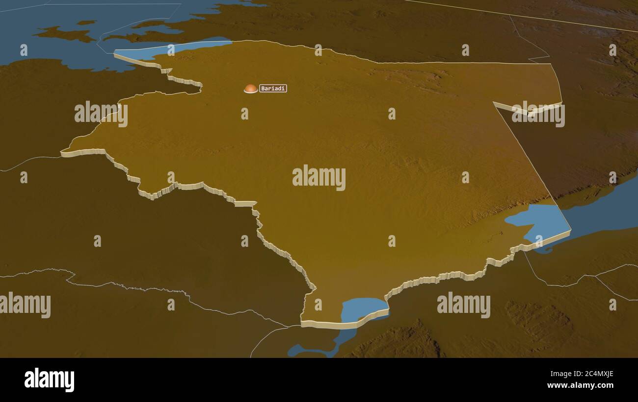 Zoom in on Simiyu (region of Tanzania) extruded. Oblique perspective ...