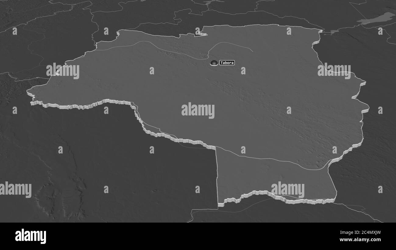 Zoom in on Tabora (region of Tanzania) extruded. Oblique perspective ...