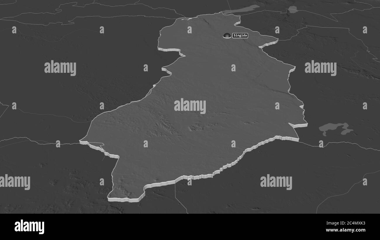 Zoom in on Singida (region of Tanzania) extruded. Oblique perspective ...