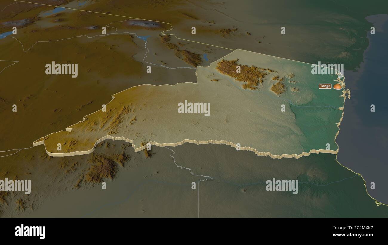 Zoom in on Tanga (region of Tanzania) extruded. Oblique perspective ...