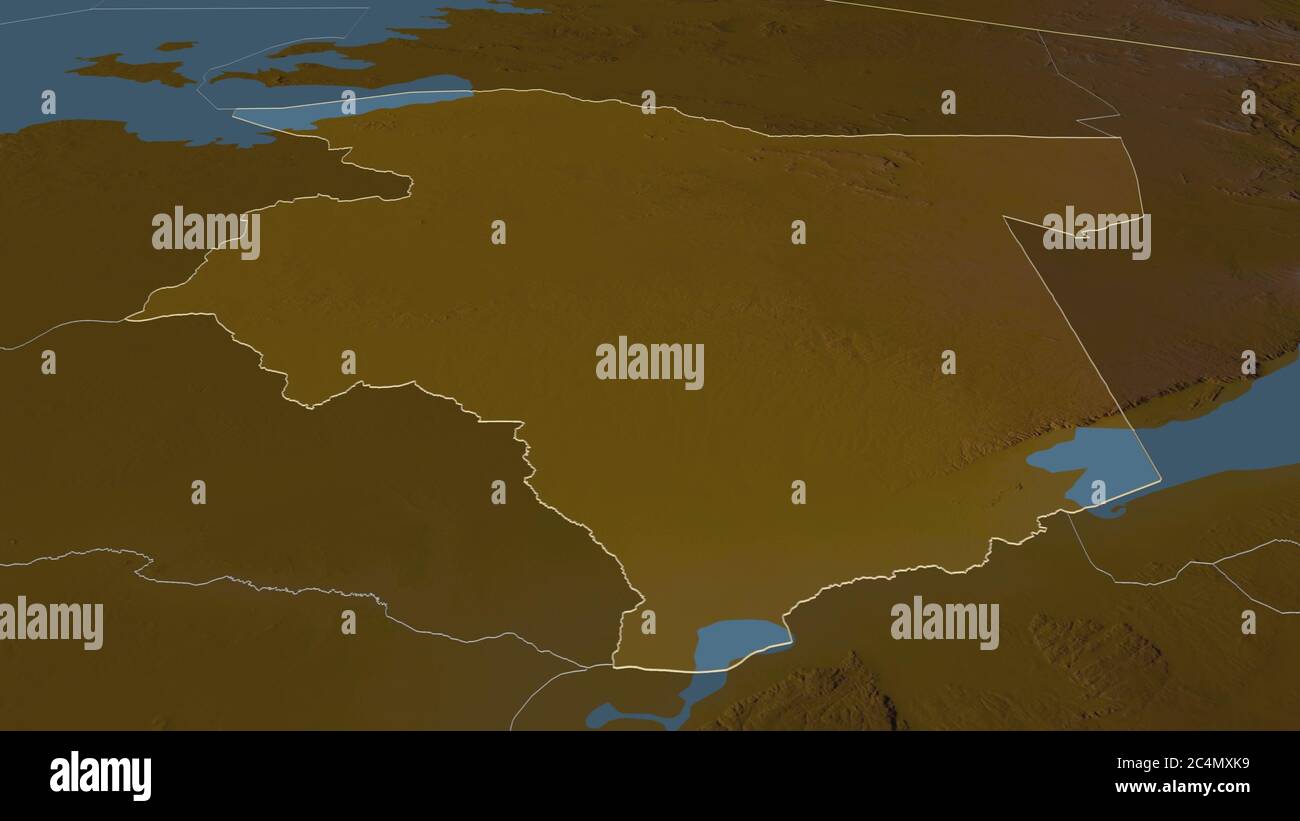Zoom in on Simiyu (region of Tanzania) outlined. Oblique perspective ...