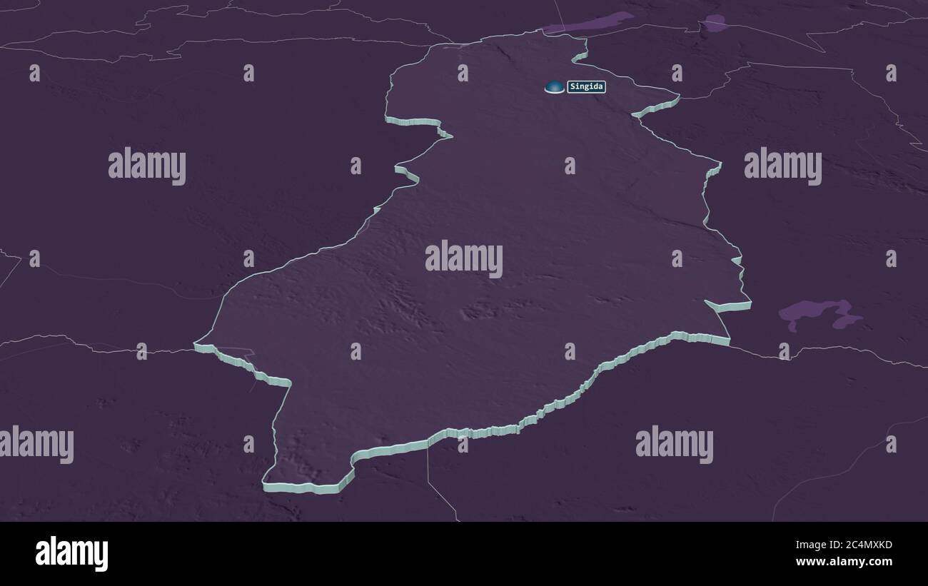 Zoom in on Singida (region of Tanzania) extruded. Oblique perspective ...