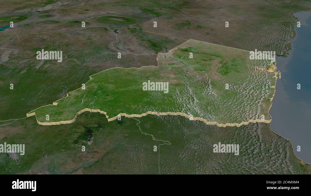Zoom in on Tanga (region of Tanzania) extruded. Oblique perspective ...