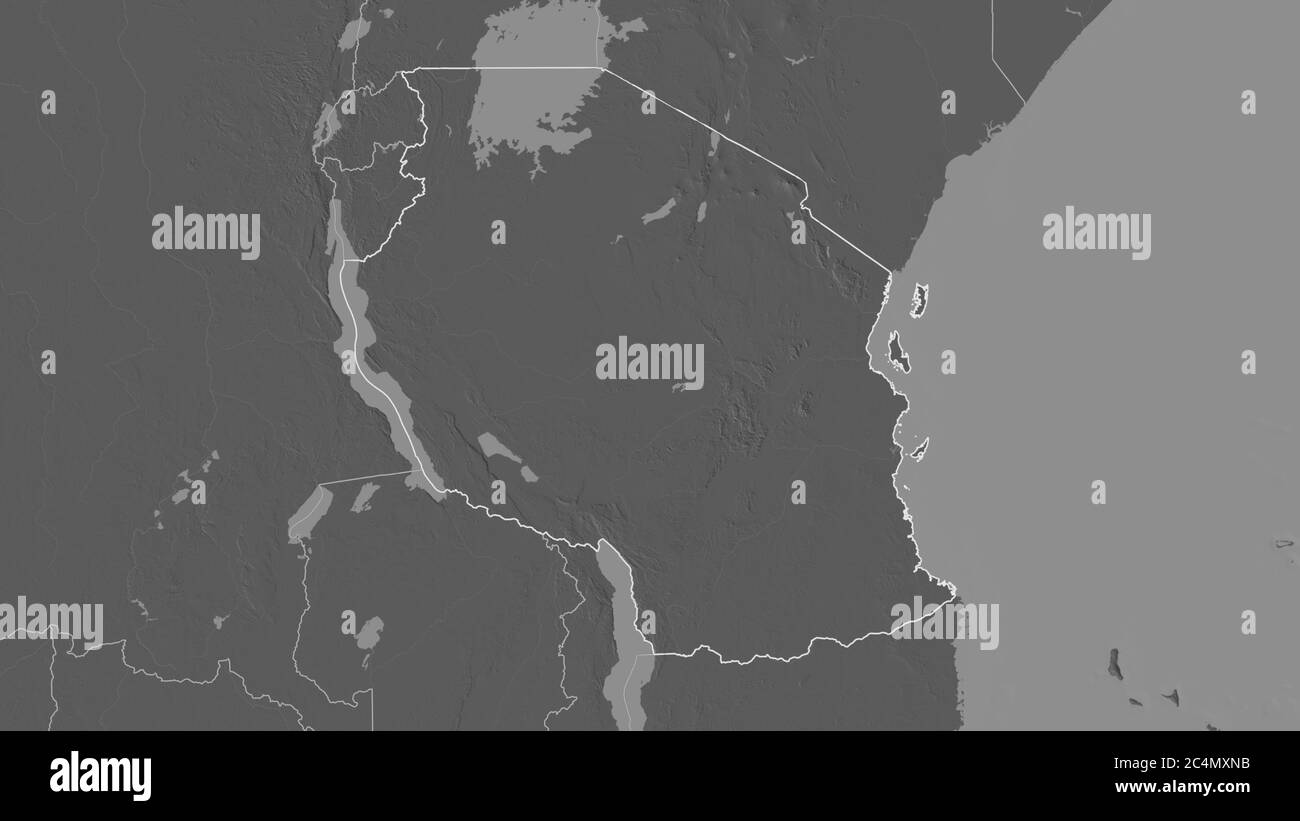 Outlined shape of the Tanzania area. Bilevel elevation map with surface ...