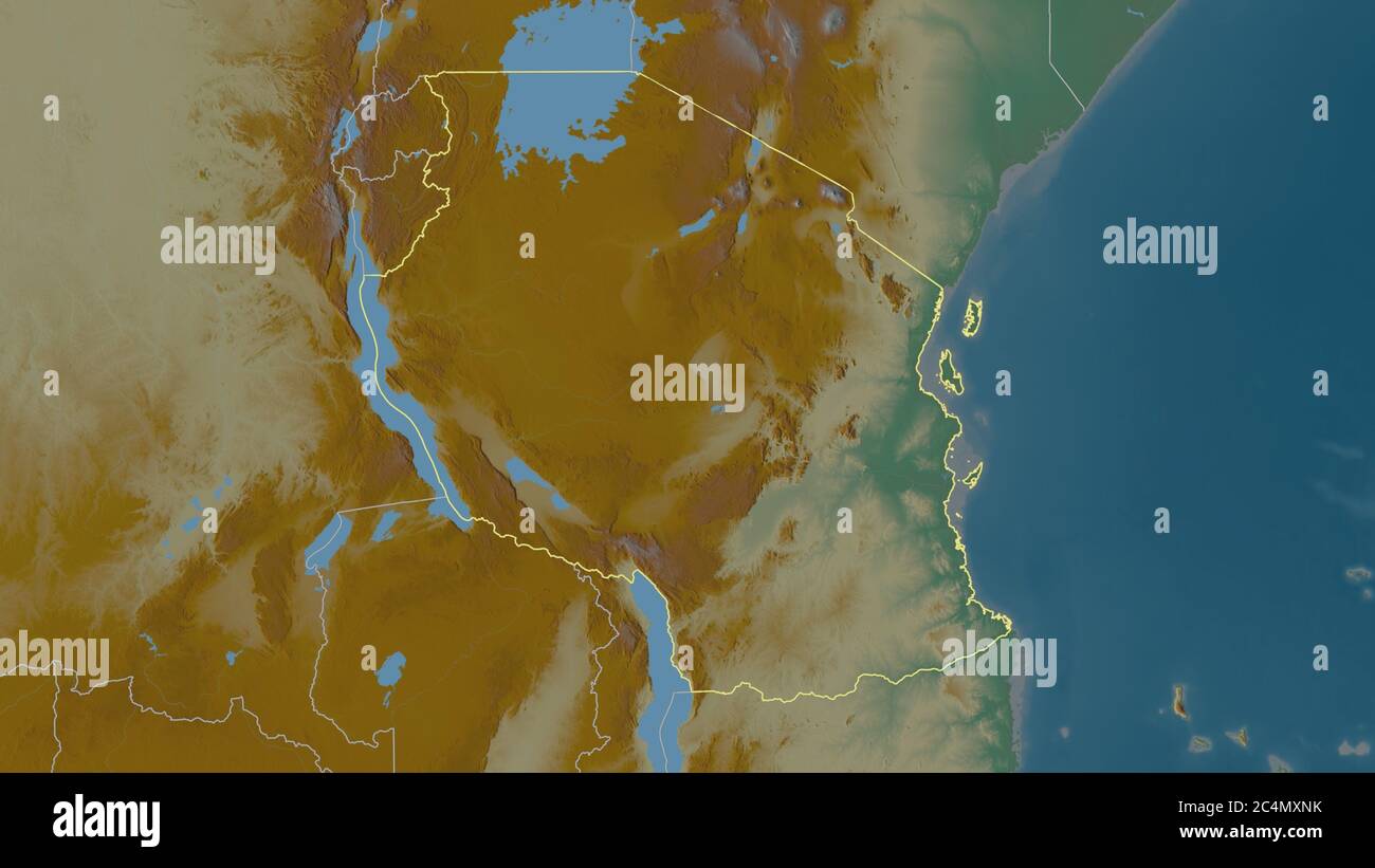 Outlined shape of the Tanzania area. Topographic relief map with ...