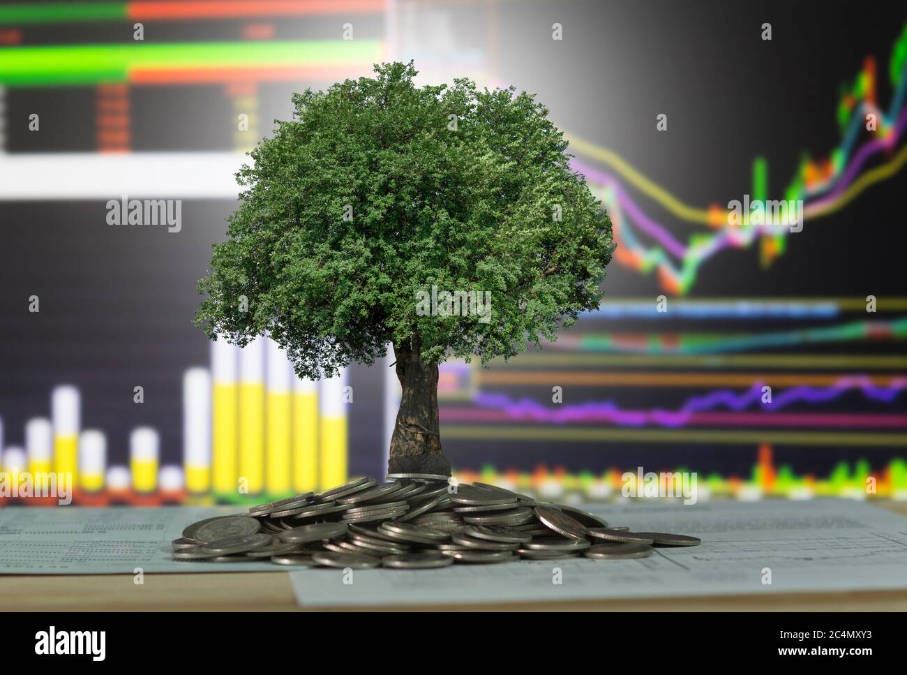 The tree are grow up on coins stack and stock marke chart and graph ...