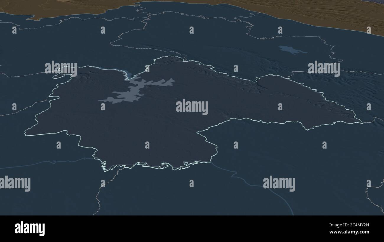 Zoom in on Kalasin (province of Thailand) outlined. Oblique perspective ...