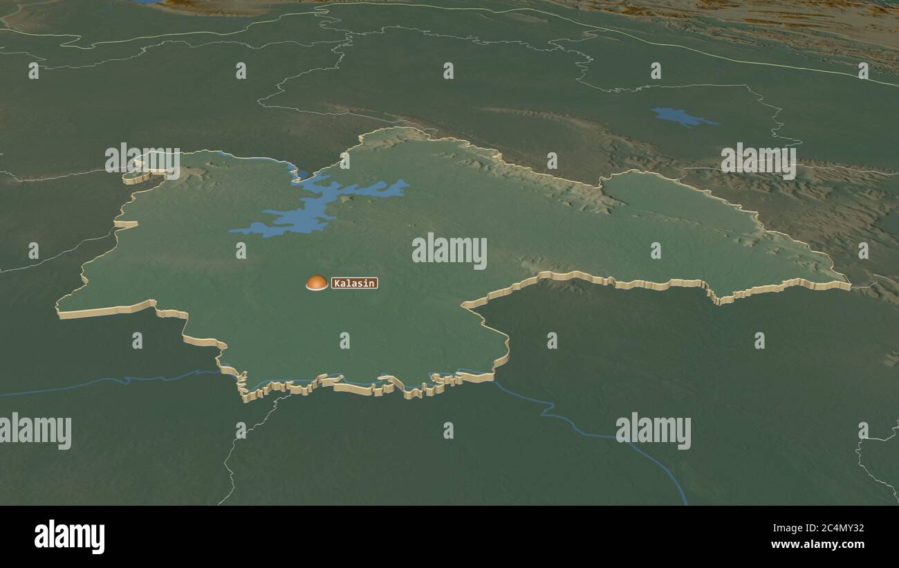 Zoom in on Kalasin (province of Thailand) extruded. Oblique perspective ...