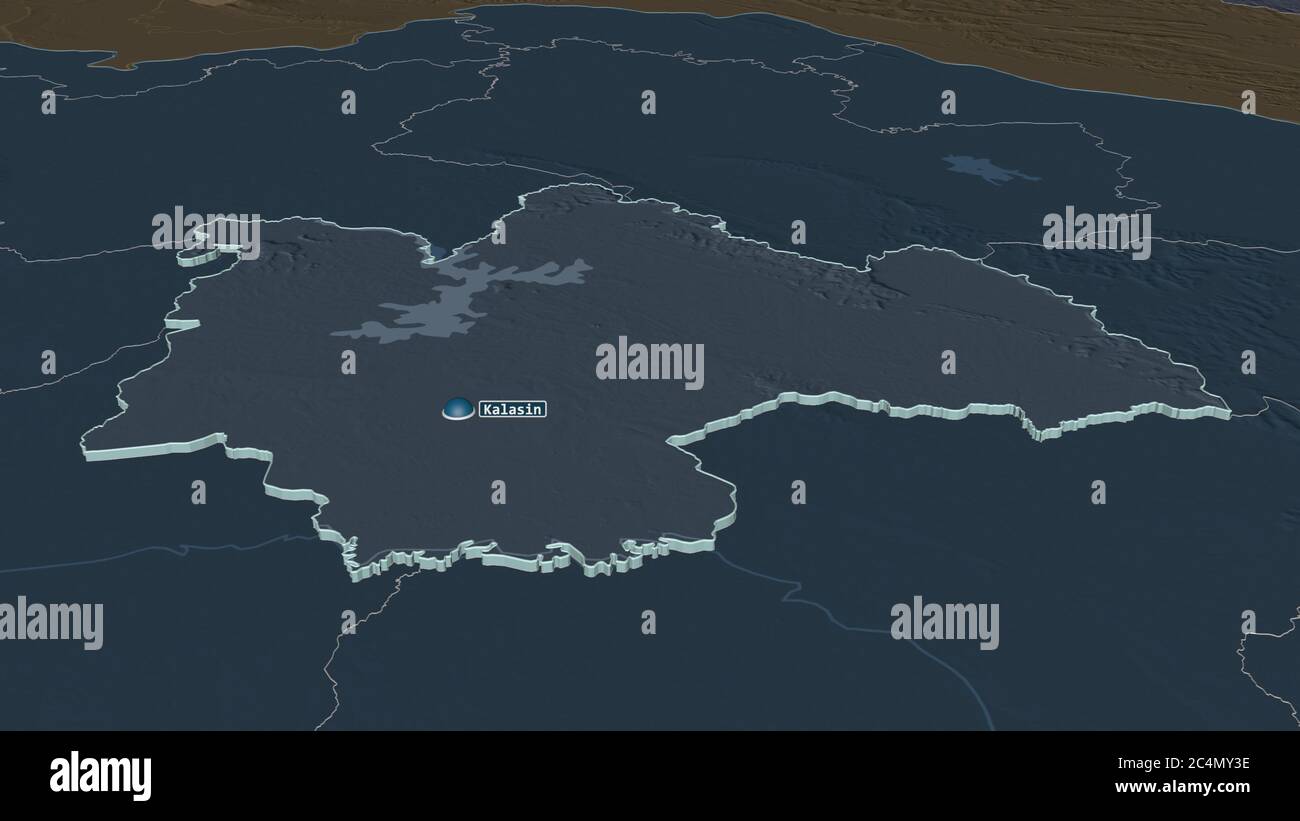 Zoom in on Kalasin (province of Thailand) extruded. Oblique perspective ...